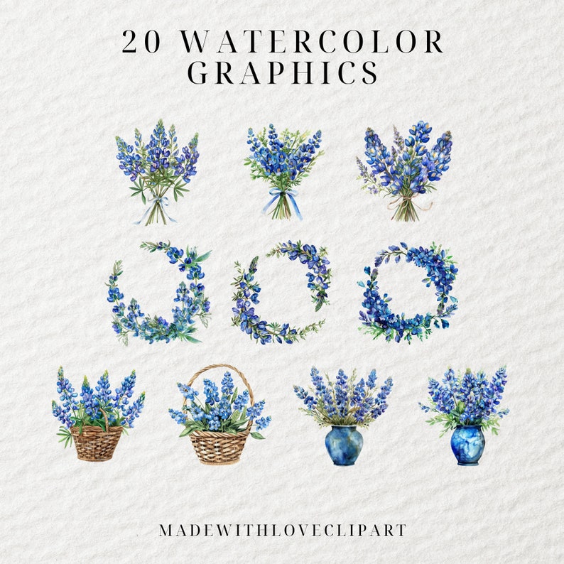 Watercolor Bluebonnet Clipart Bundle, Texas Bluebonnet Clipart, Floral ...