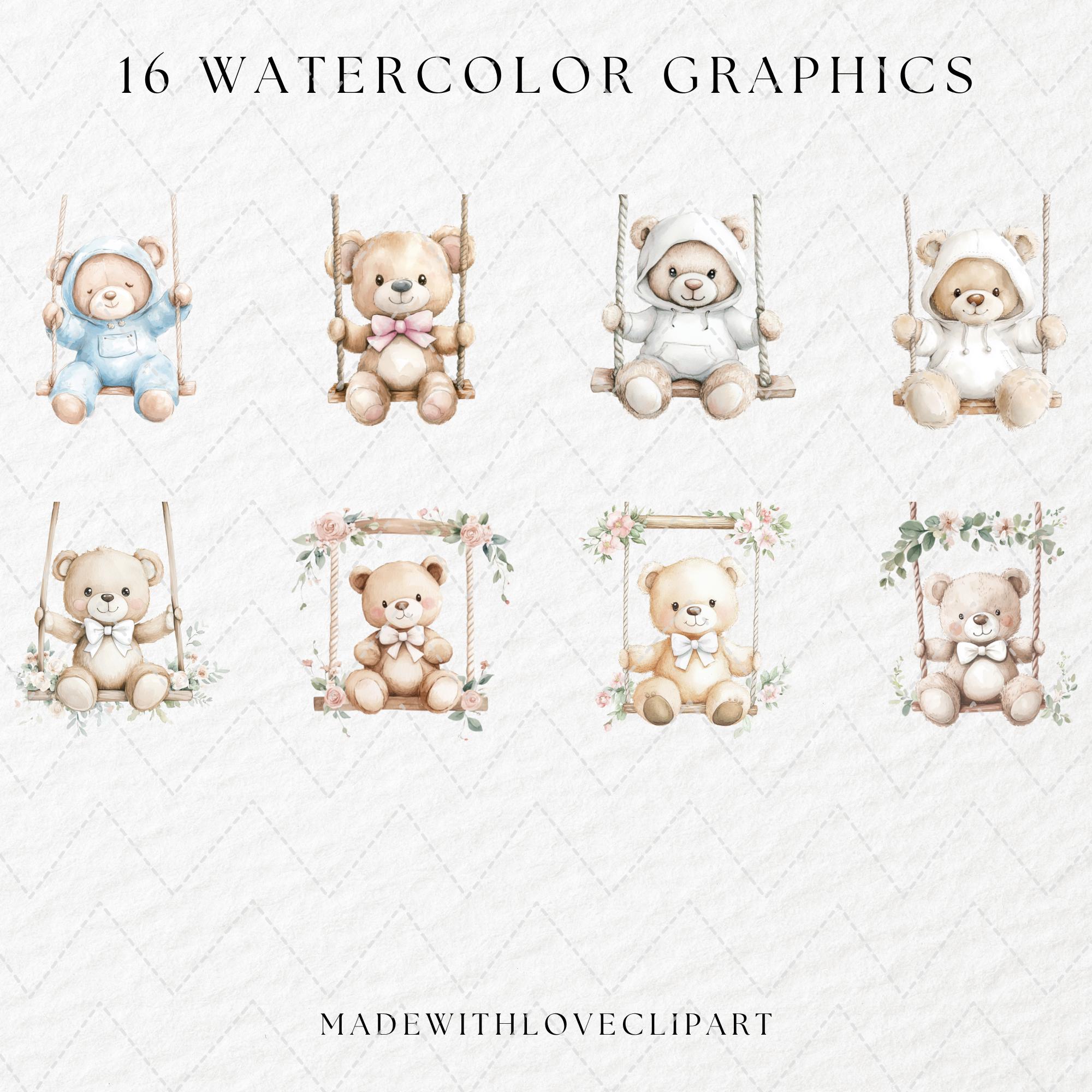 Watercolor Cute Teddy Bear on Swing Clipart, Baby Shower Clipart ...