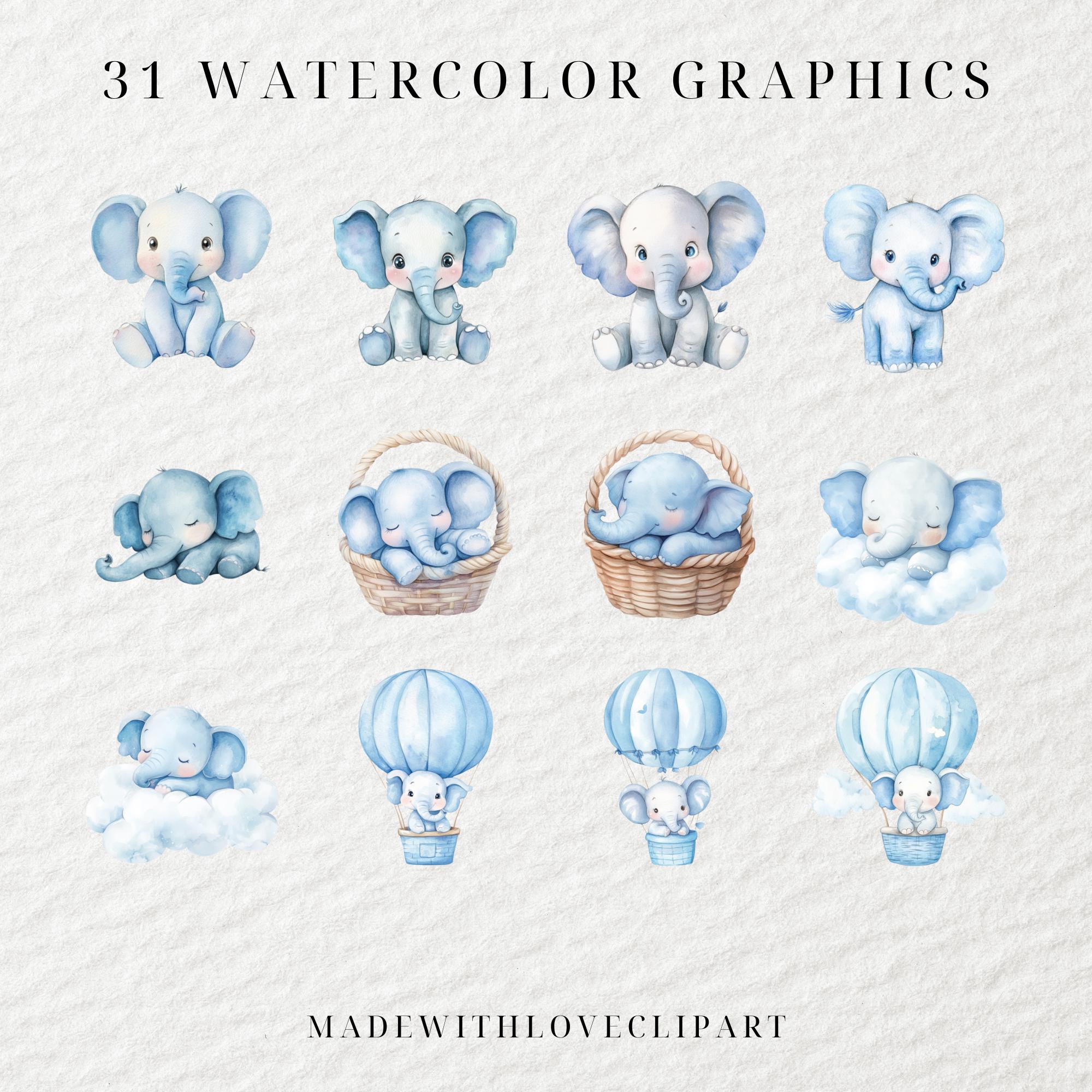 Watercolor Baby Elephant Clipart, Blue Elephant Clipart, Baby Boy ...