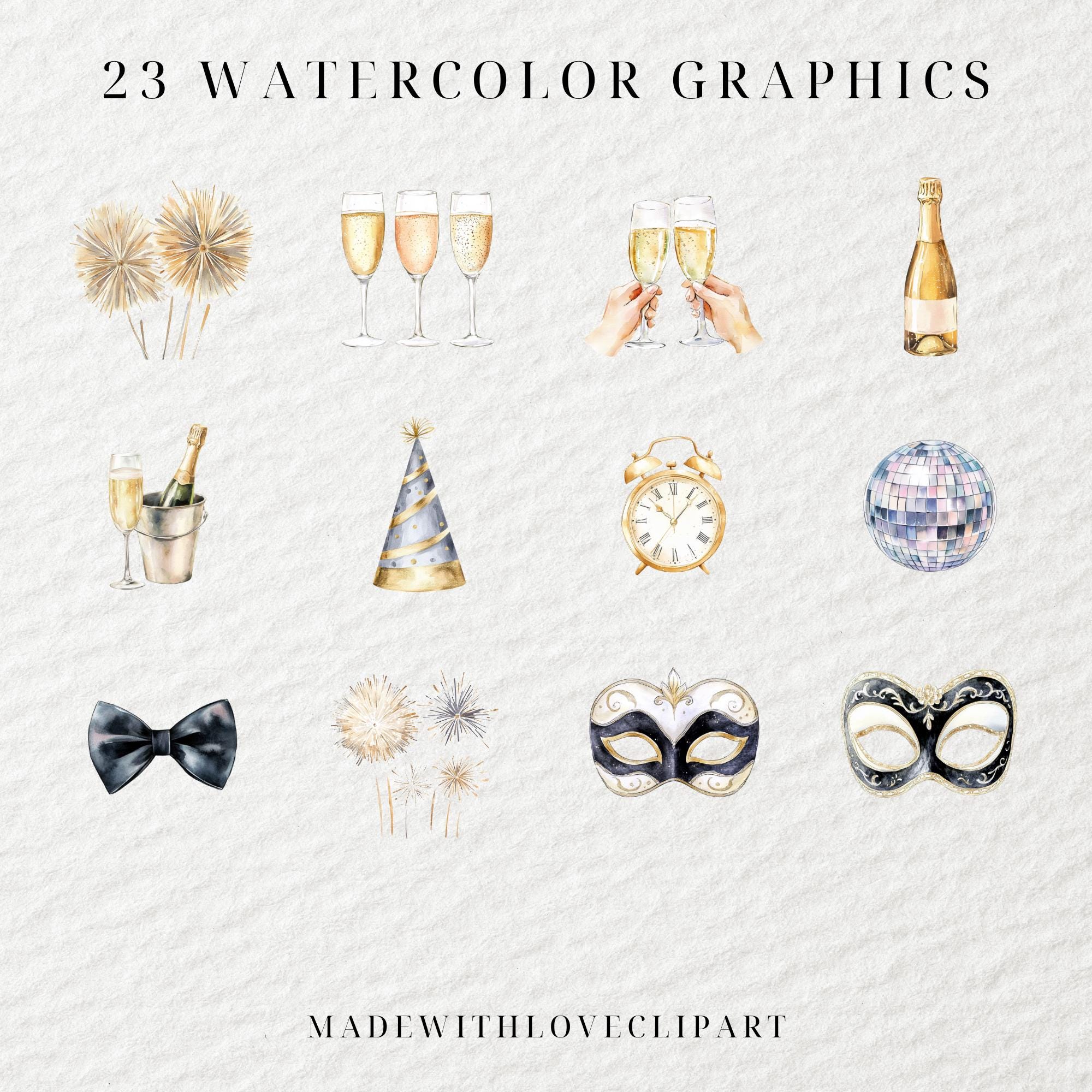 Watercolor New Years Eve Clipart, Gold New Years Eve Clipart, NYE ...