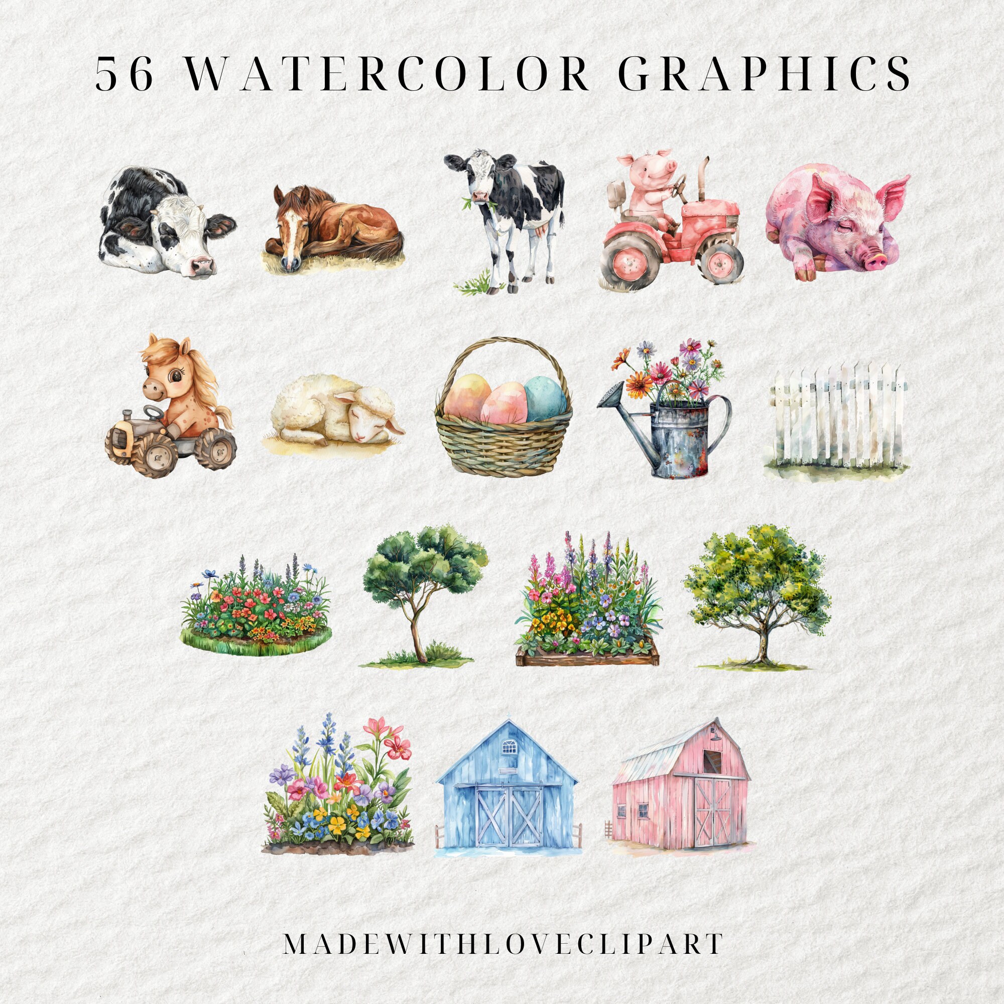 Watercolor Cute Farm Clipart Pack, Farm Animals Clipart, Farm Clipart ...