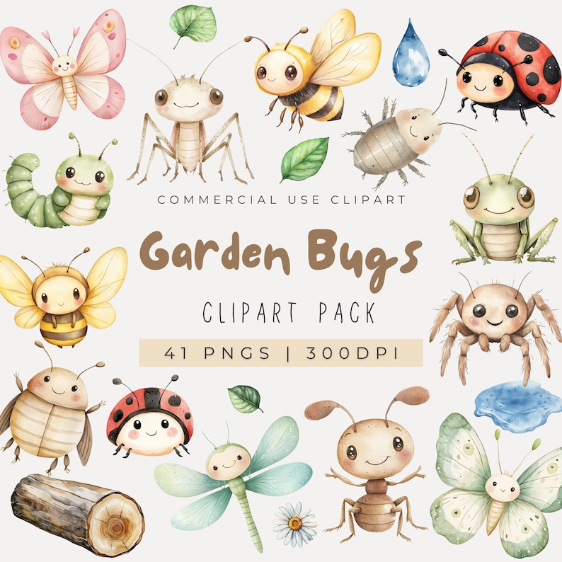 Watercolor Cute Garden Bugs Clipart, Insect Clipart, Spring Clipart ...