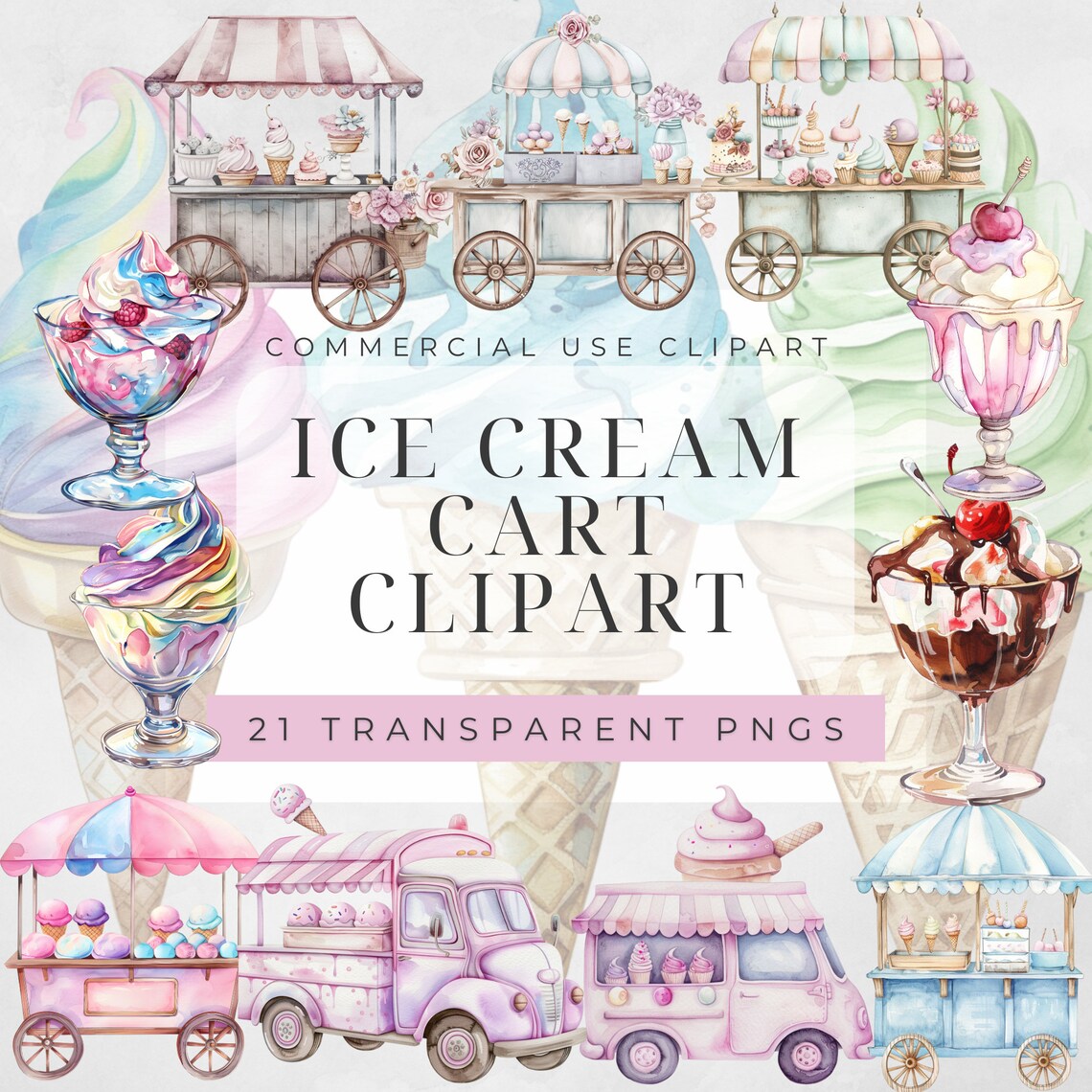Watercolor Ice Cream Cart Clipart Bundle, Desserts Clipart, Ice Cream ...