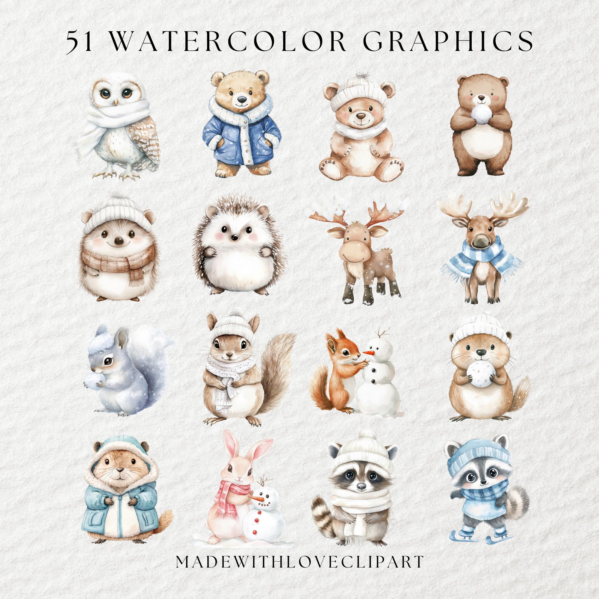 Watercolor Winter Woodland Clipart, Animals Clipart, Cute Forest ...