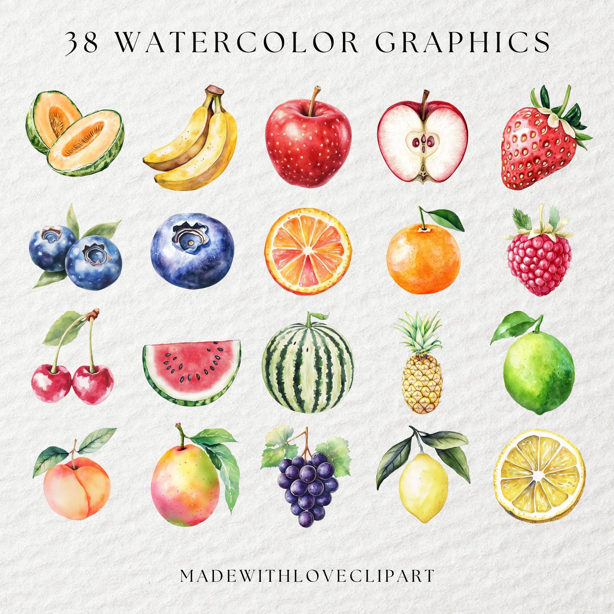 Watercolor Fruit Fiesta Clipart, Summer Fruits Clipart, Fruit ...