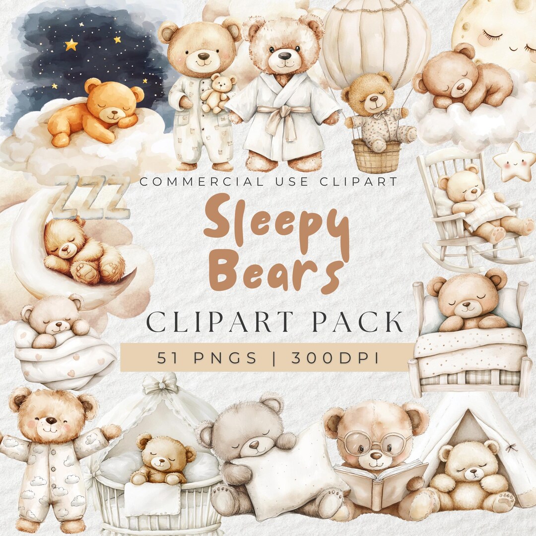 Watercolor Sleeping Teddy Bears Clipart, Sleepy Bears, Neutral Baby ...