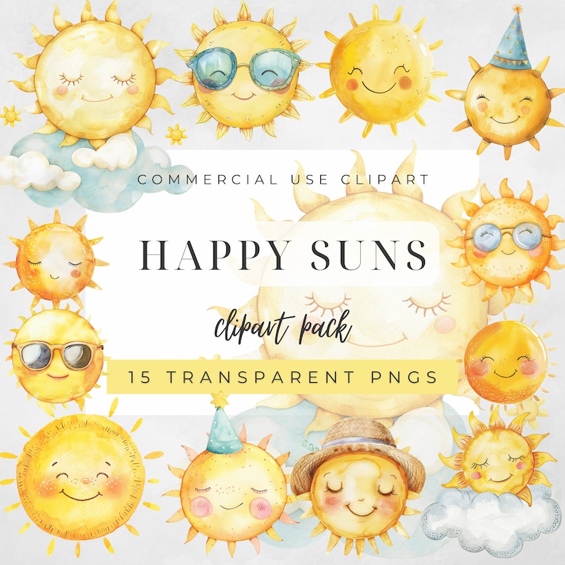 Watercolor Happy Sun Clipart, Summer Sun Clipart, Sun and Cloud Clipart ...