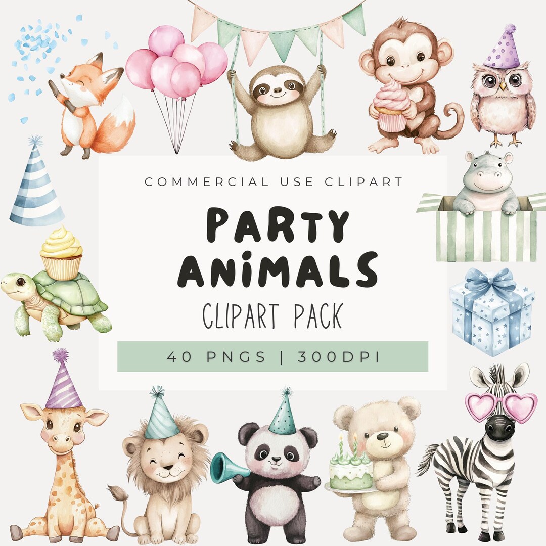 Watercolor Party Animals Clipart, Cute Birthday Party Clipart, Safari ...