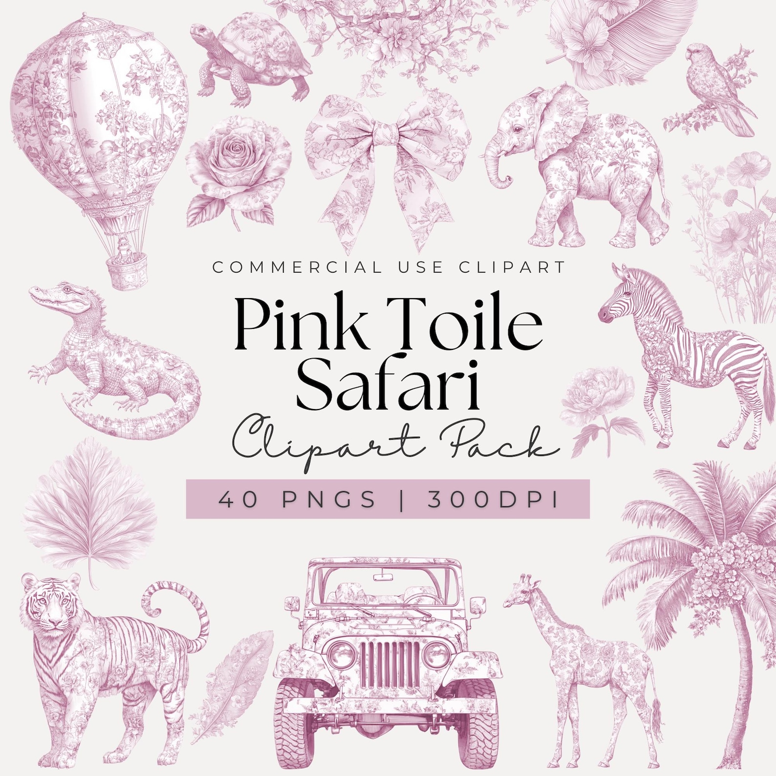 Watercolor Pink Toile De Jouy Safari Clipart, Baby Shower Chinoiserie ...