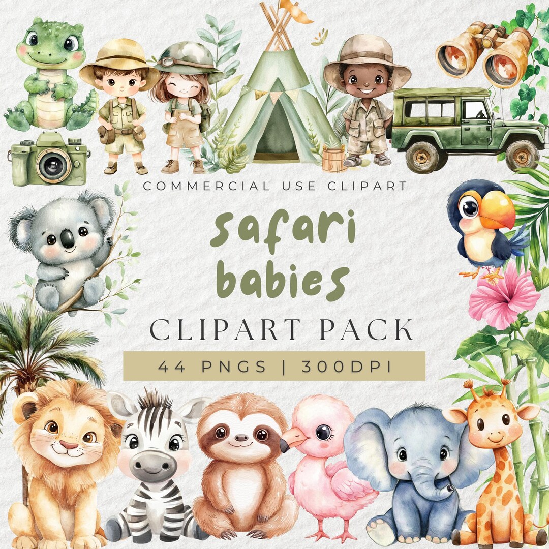 Watercolor Safari Babies Clipart, Safari Clipart, Safari Baby Animals ...