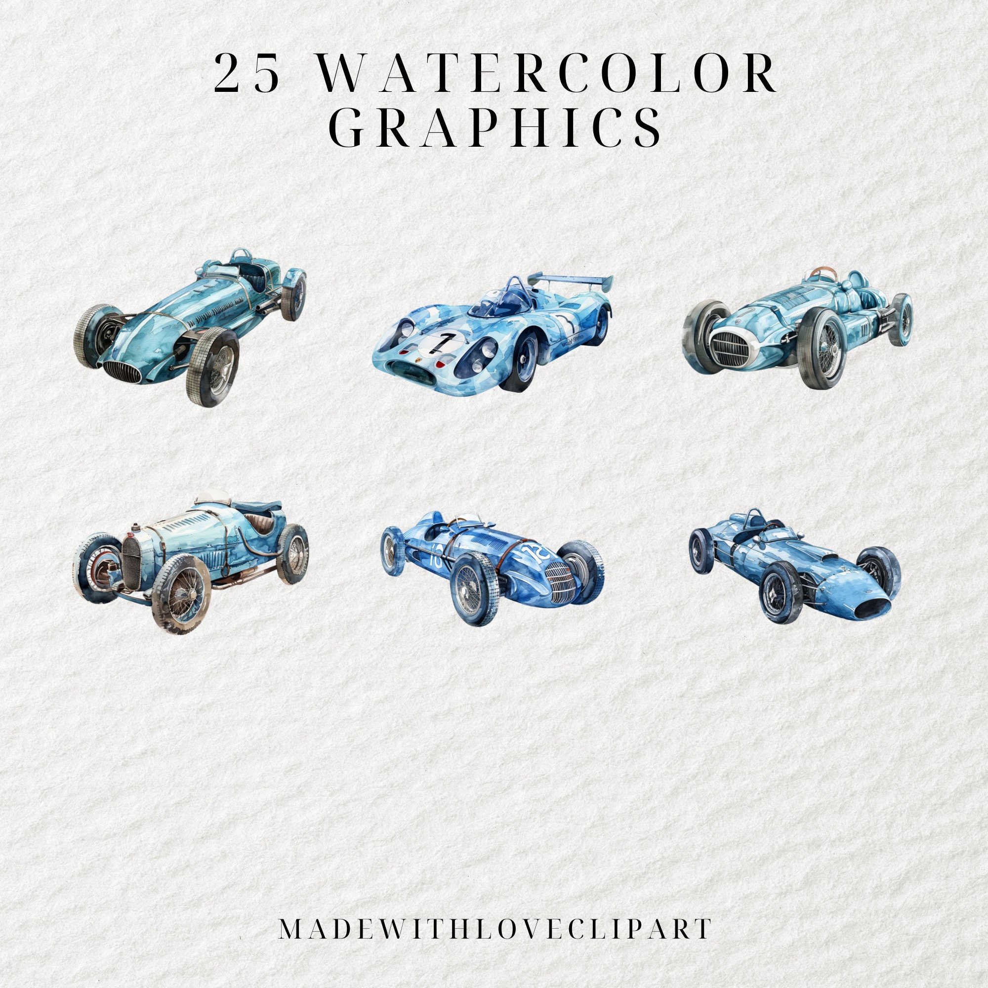 Watercolor Little Racer Clipart, Blue Race Car Clipart, Vintage Racing ...