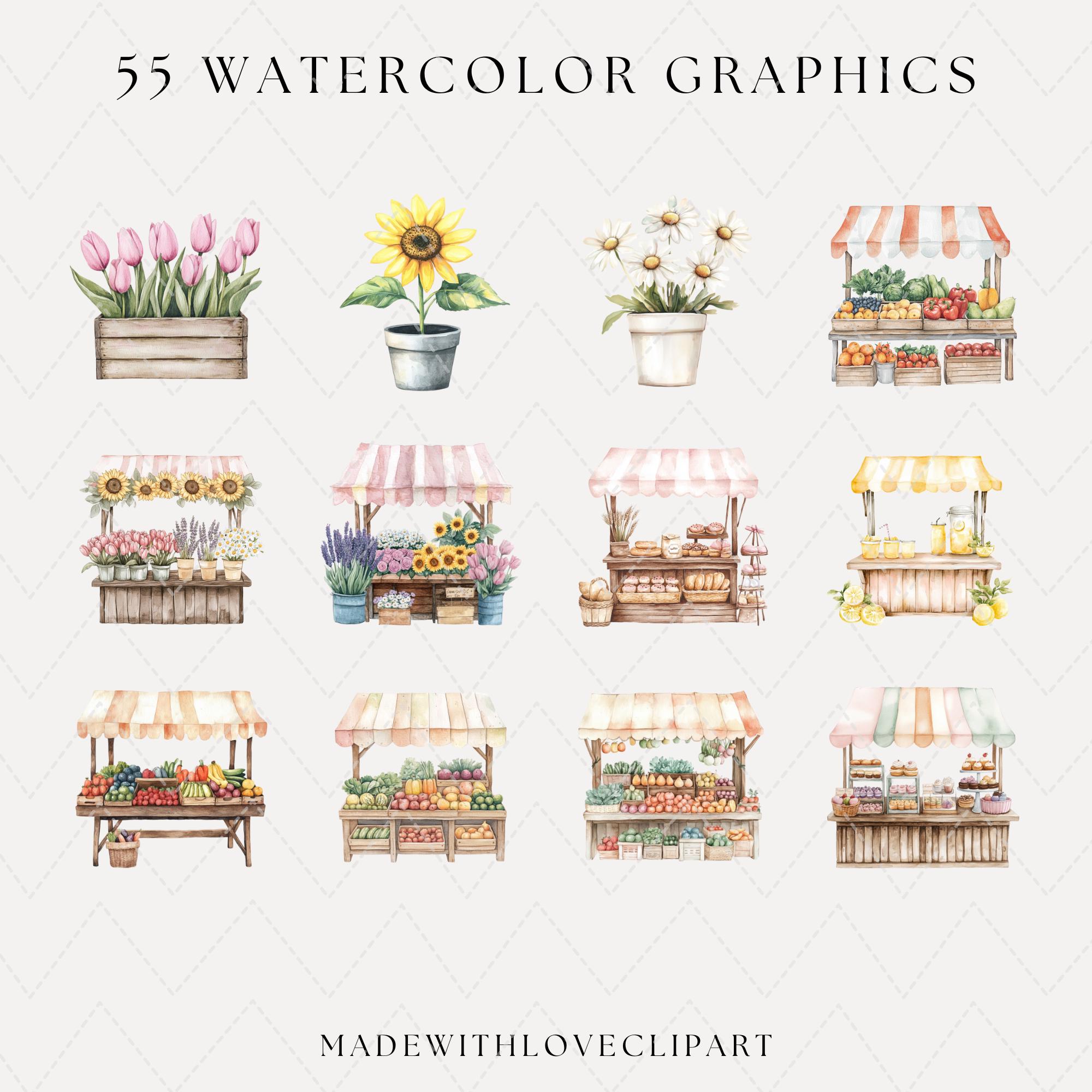 Watercolor Farmers Market Clipart, Locally Grown Clipart, Fruit Clipart ...