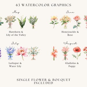 Watercolor Birth Month Flowers Clipart, Birth Month Flower Bouquet ...