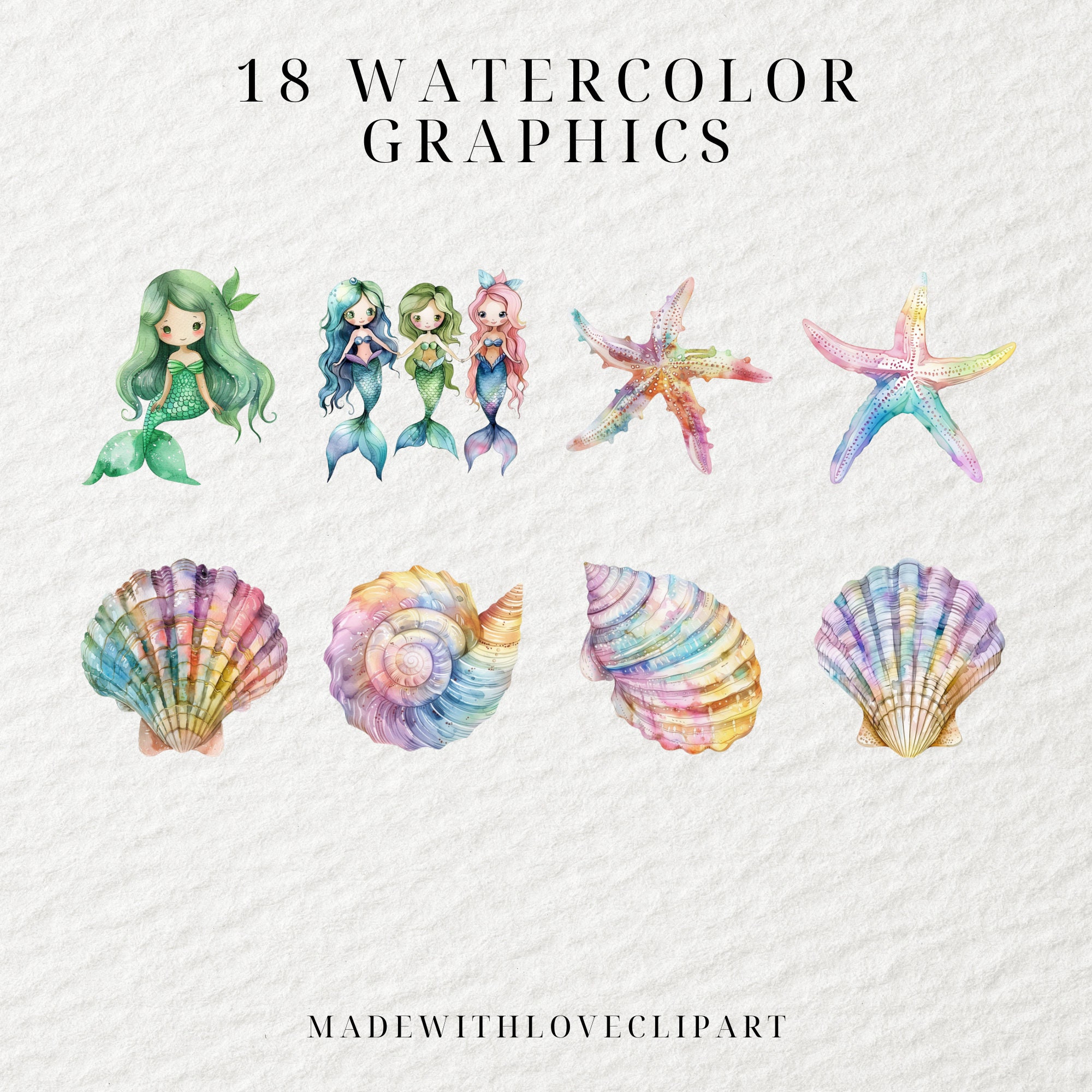 Watercolor Cute Mermaid Clipart Bundle, Mermaid Clipart, Under the Sea ...
