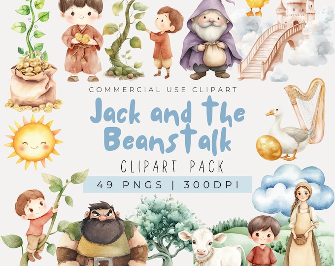 Jack and the Beanstalk Clipart, Watercolor Fairy Tale Graphics, Kids ...