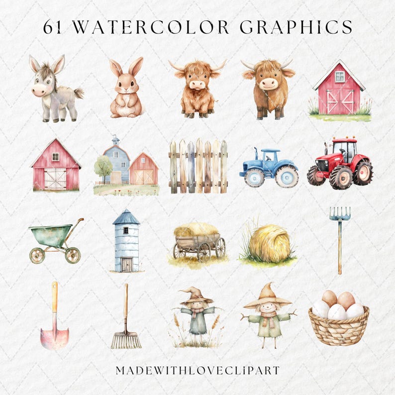 Watercolor Cute Farm Clipart, Farm Animals Clipart, Highland Cow ...