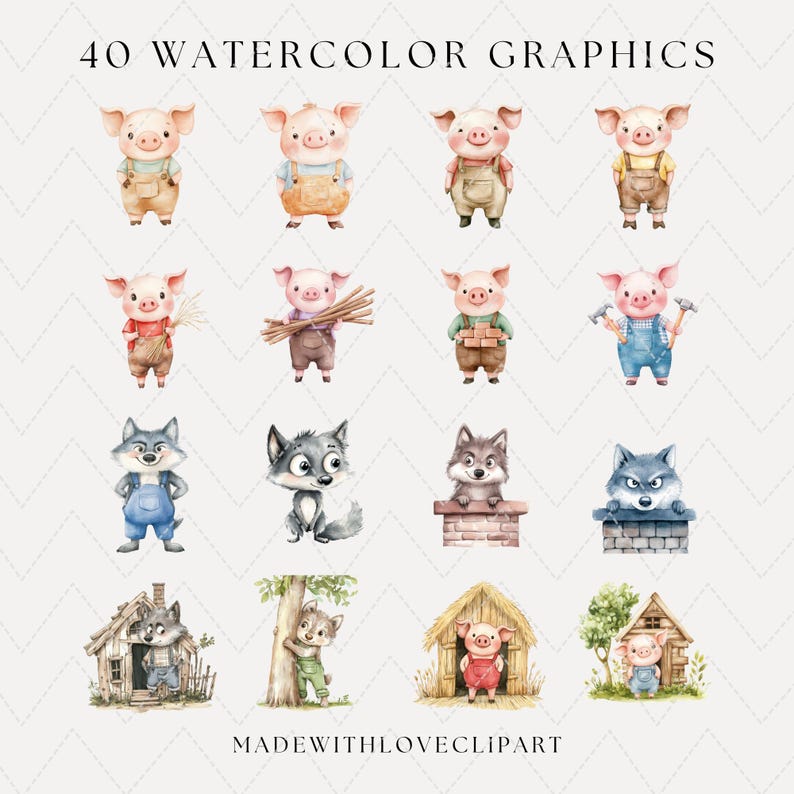 Watercolor 3 Little Pigs Clipart, Nursery Rhymes Clipart, Nursery Decor ...