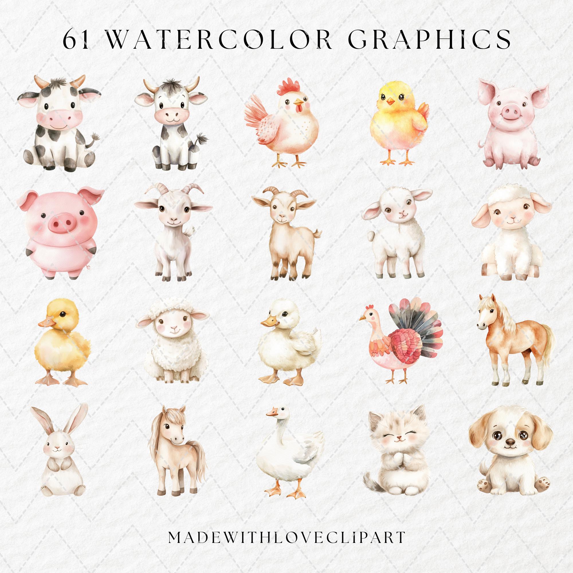 Watercolor Cute Farm Clipart, Farm Animals Clipart, Highland Cow ...