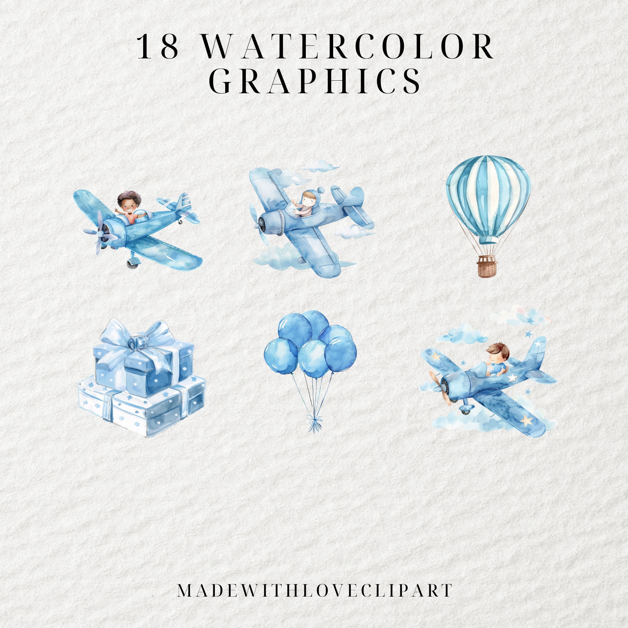 Watercolor Baby Boy Airplane Clipart, Blue Plane Clipart, Vintage Plane ...