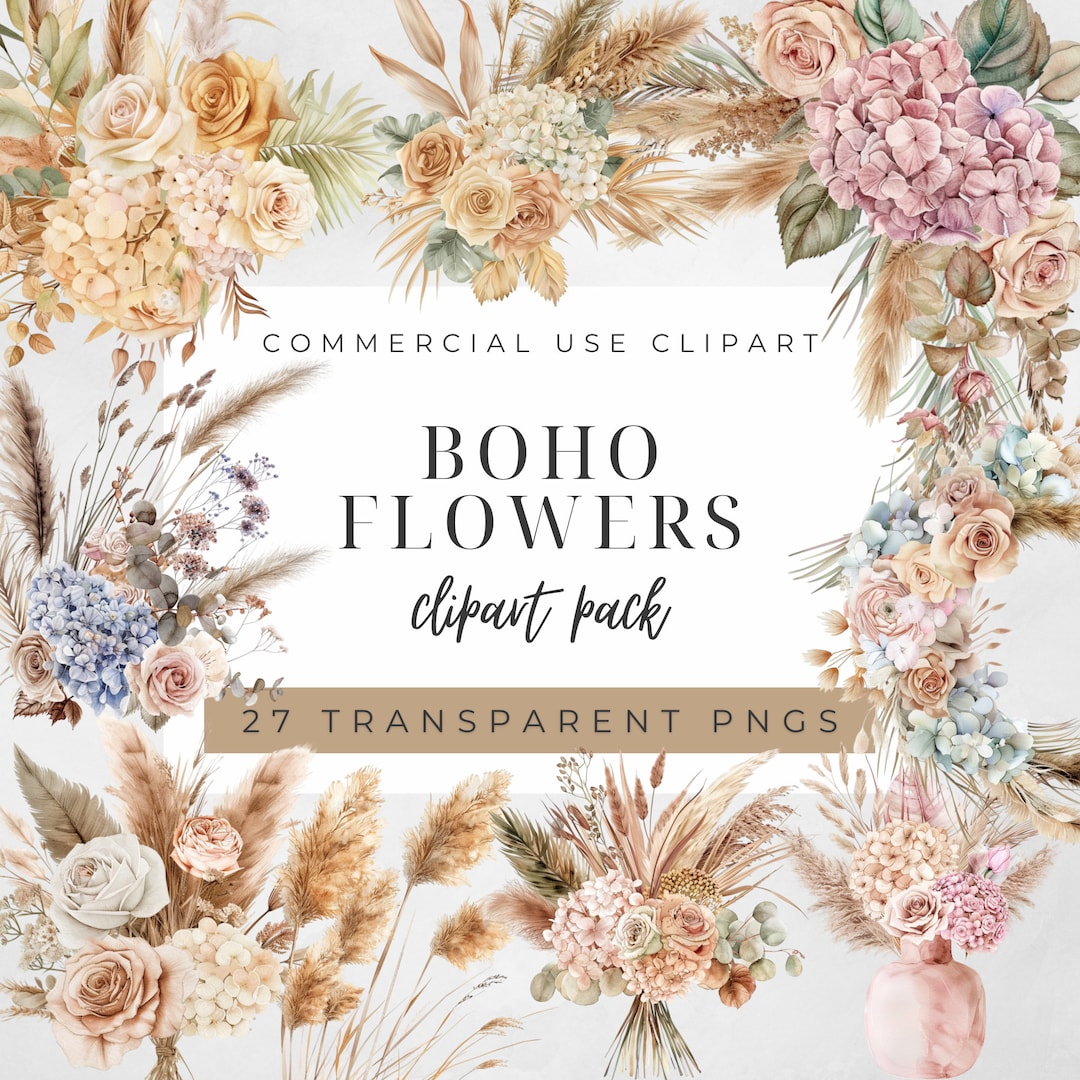 Watercolor Boho Flowers Clipart Bundle, Boho Floral Clipart, Bohemian ...