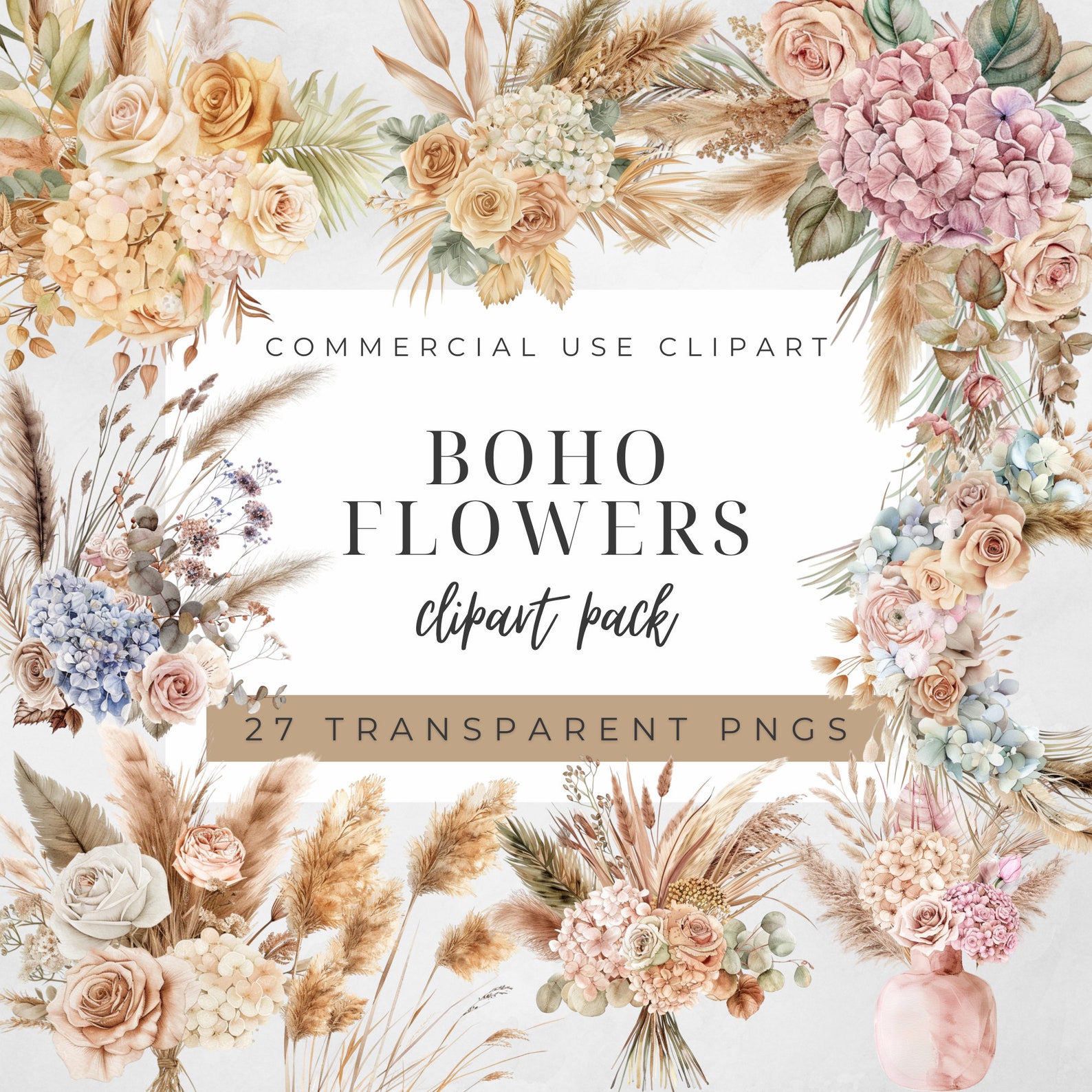 Watercolor Boho Flowers Clipart Bundle, Boho Floral Clipart, Bohemian ...
