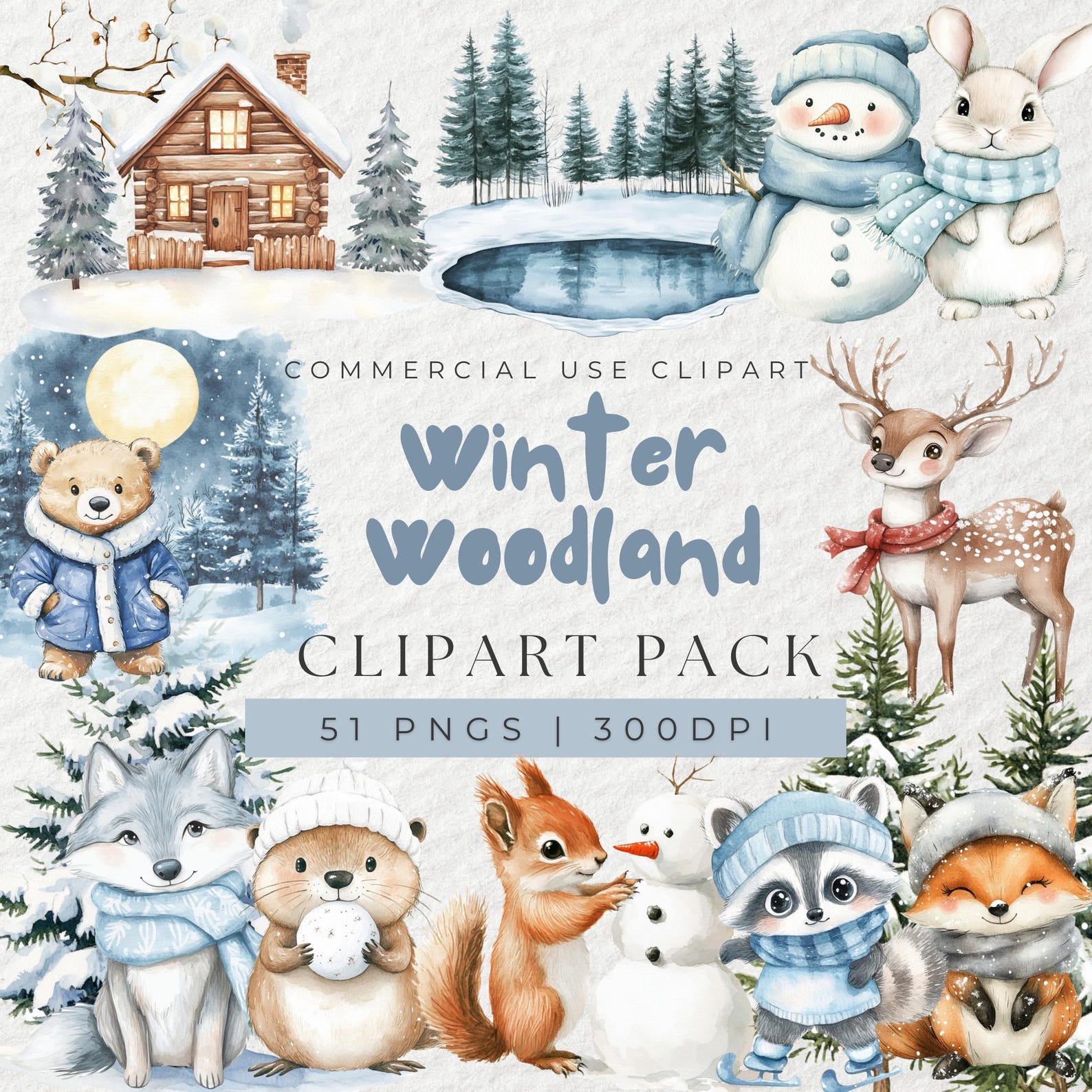 Watercolor Winter Woodland Clipart, Animals Clipart, Cute Forest ...