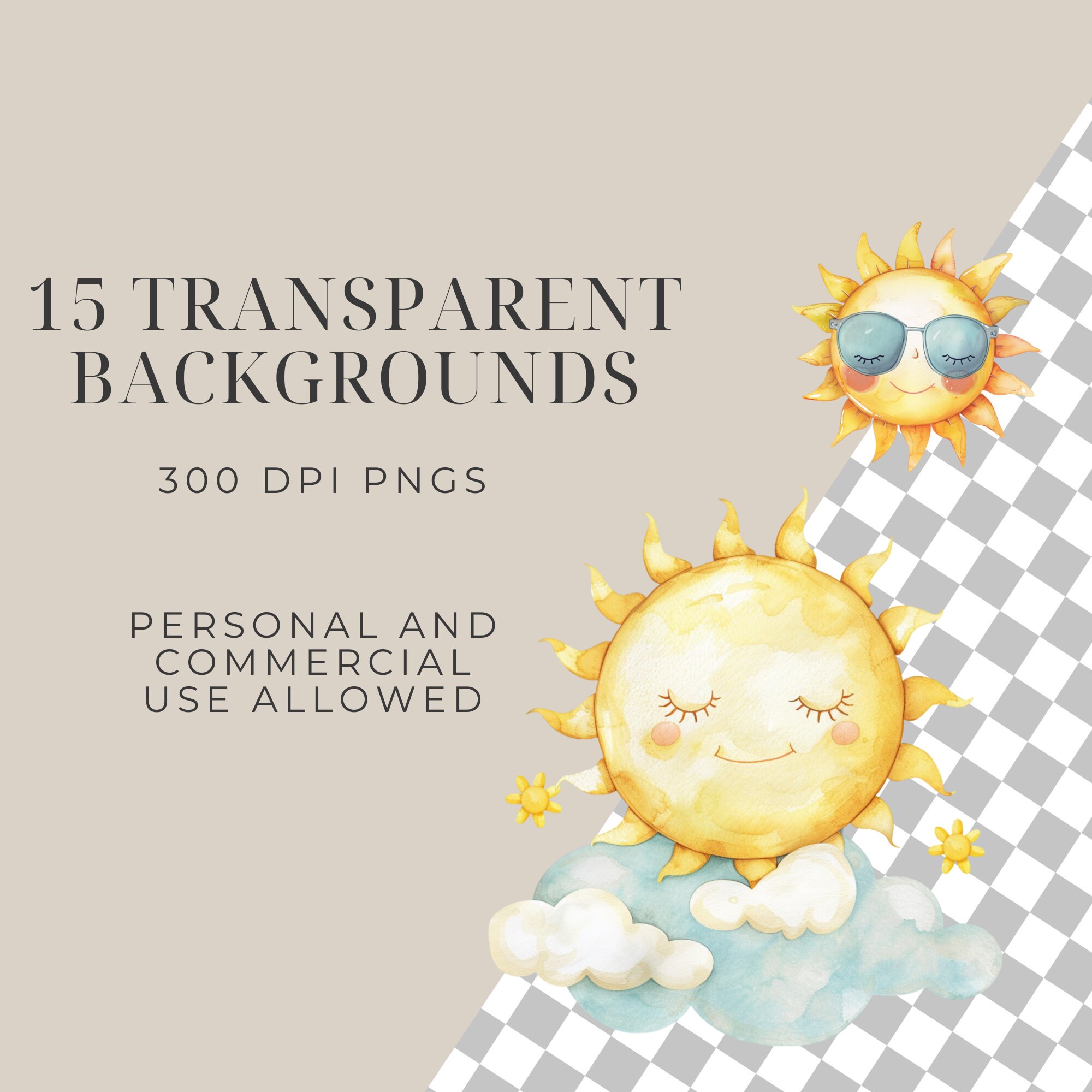 Watercolor Happy Sun Clipart, Summer Sun Clipart, Sun and Cloud Clipart ...