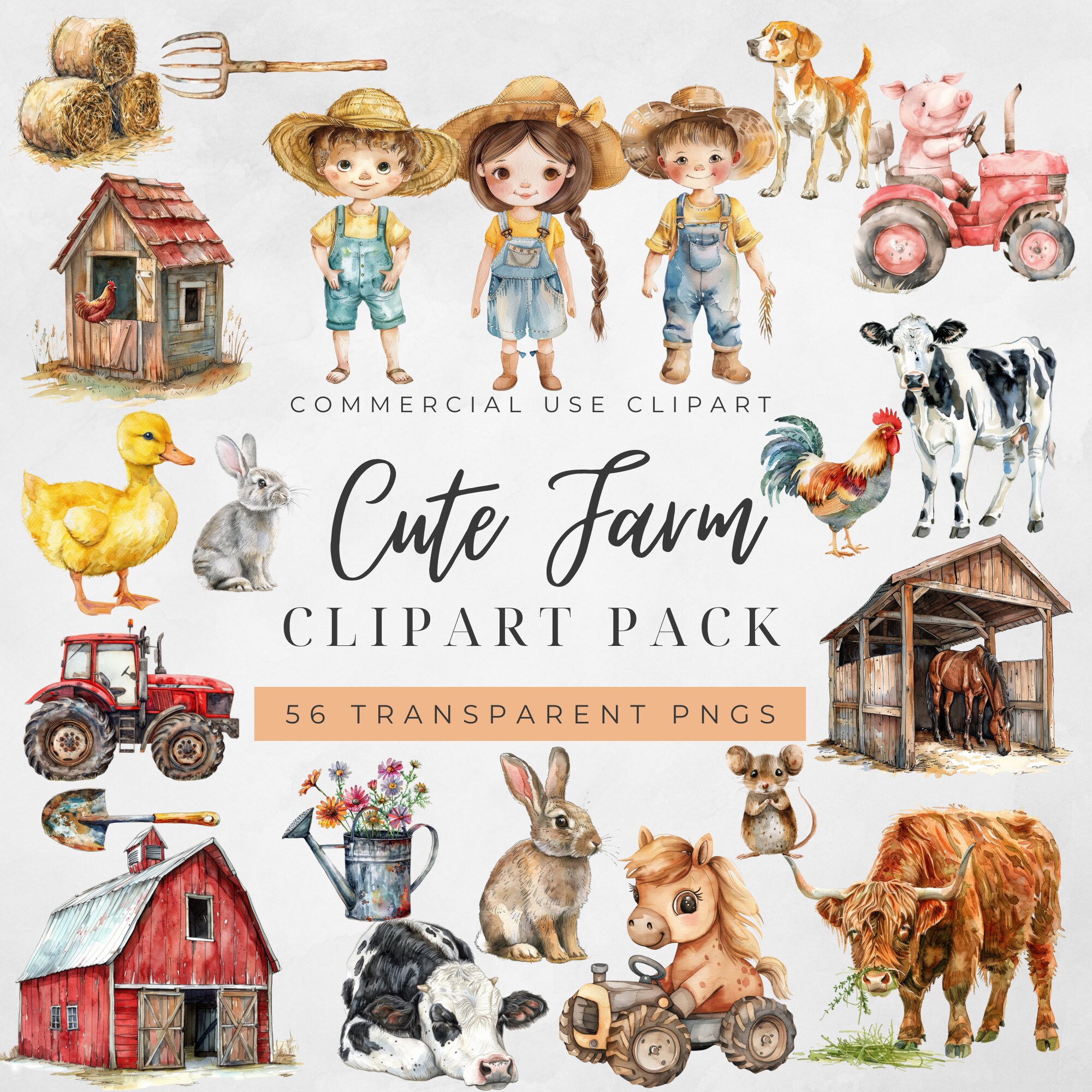 Watercolor Cute Farm Clipart Pack, Farm Animals Clipart, Farm Clipart ...