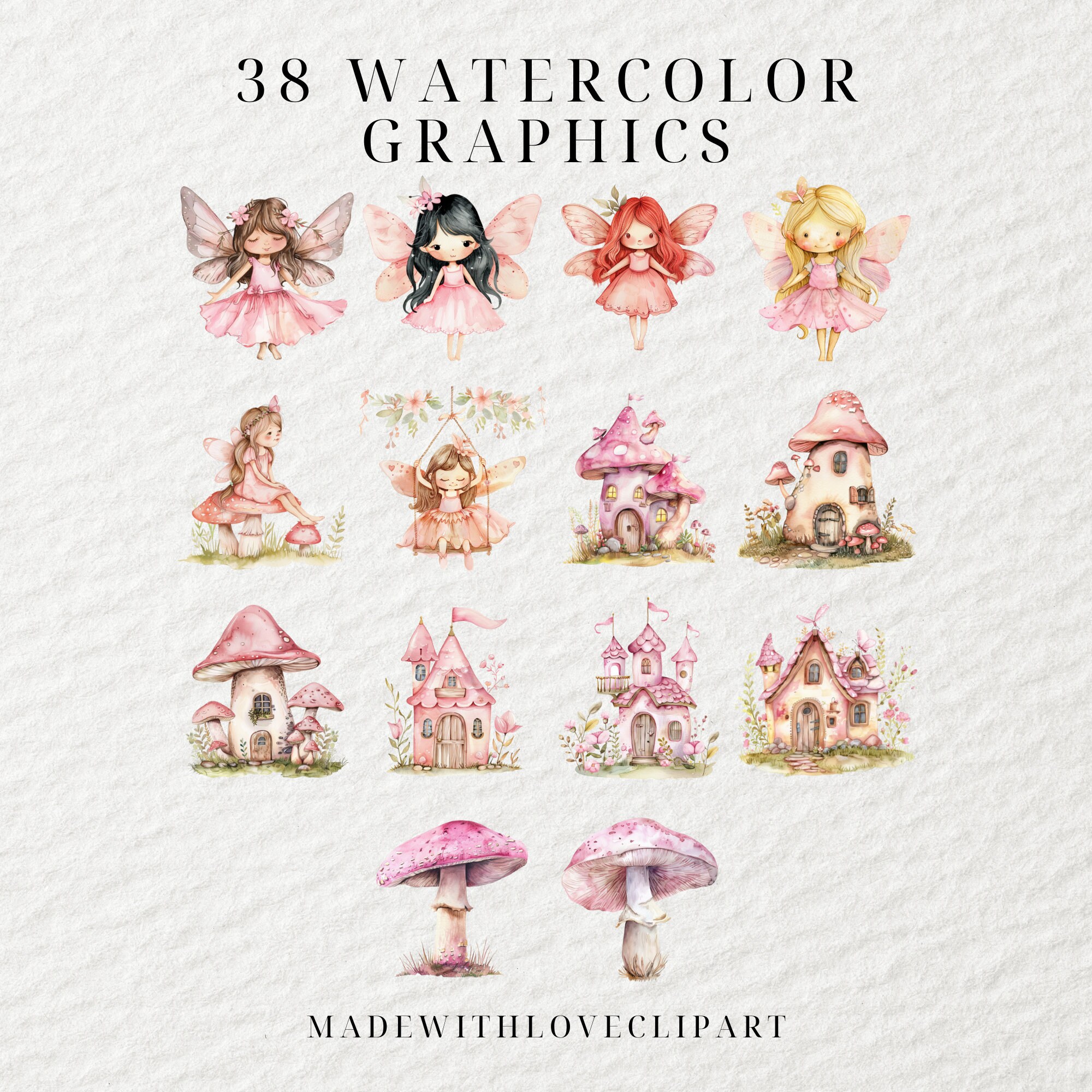 Watercolor Pink Fairy Garden Clipart Bundle, Fairy Clipart, Magical ...
