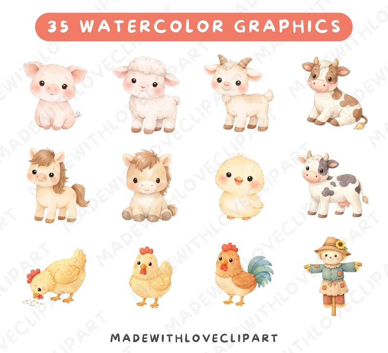 Watercolor Farm Animals Clipart, 35 Transparent Farmhouse Nursery PNGS ...
