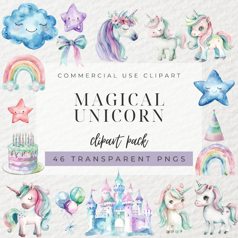 Watercolor Magical Unicorn Clipart, Unicorn Party Clipart, Rainbow ...