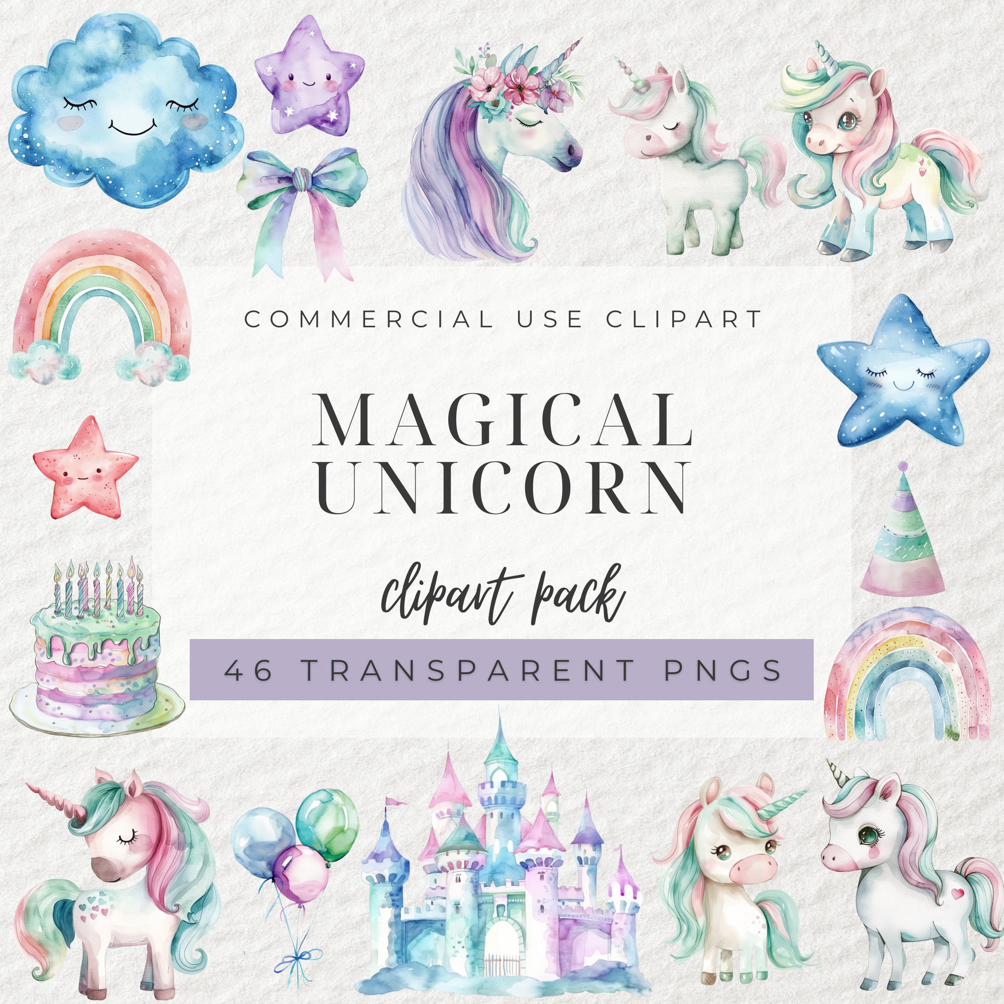 Watercolor Magical Unicorn Clipart, Unicorn Party Clipart, Rainbow ...
