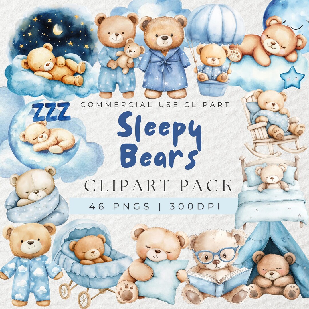 Watercolor Sleeping Teddy Bears Clipart, Sleepy Bears Clipart, Boy Baby ...