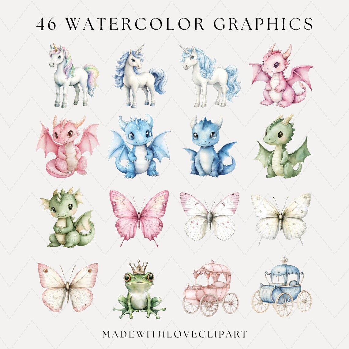 Watercolor Magical Kingdom Clipart: Princess, Dragons, Unicorns PNG ...