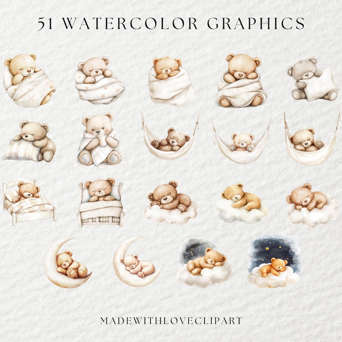 Watercolor Sleeping Teddy Bears Clipart, Sleepy Bears, Neutral Baby ...