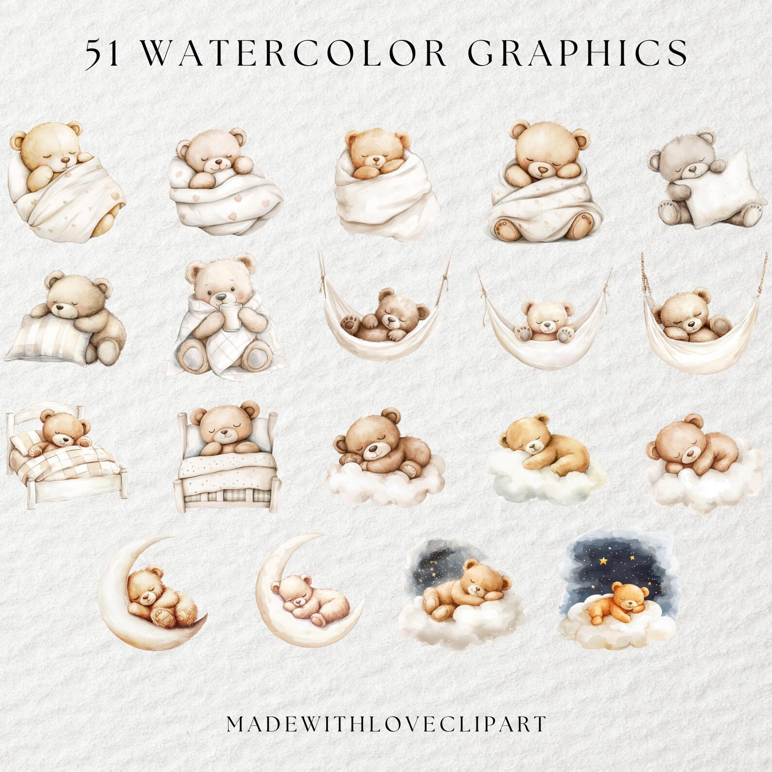 Watercolor Sleeping Teddy Bears Clipart, Sleepy Bears, Neutral Baby ...