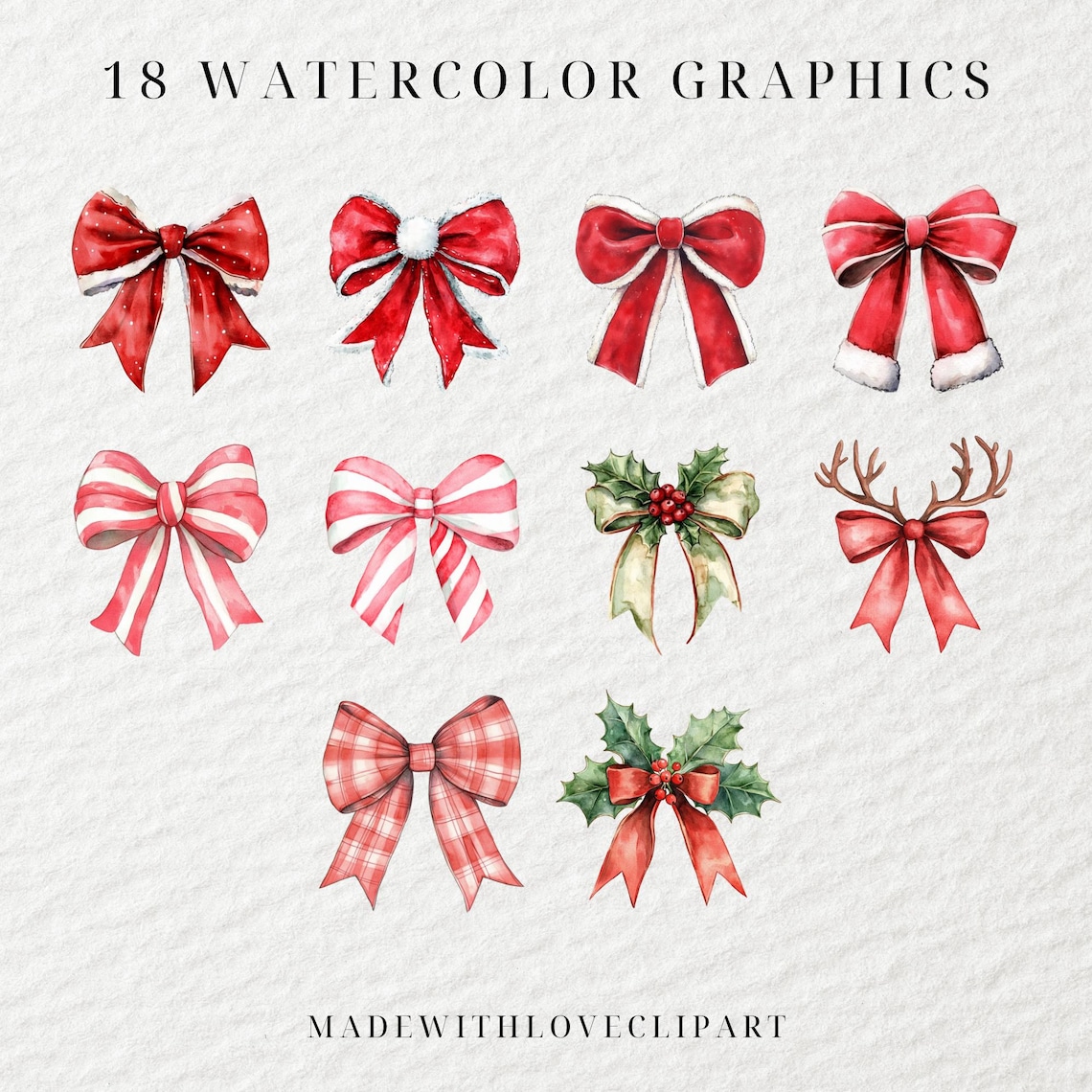 Watercolor Christmas Bows, Santa Hat Bows, Coquette Bows, Red Bows ...