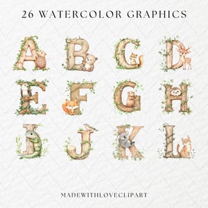 Watercolor Woodland Alphabet Clipart, Alphabet Clipart, Cute Animal ...