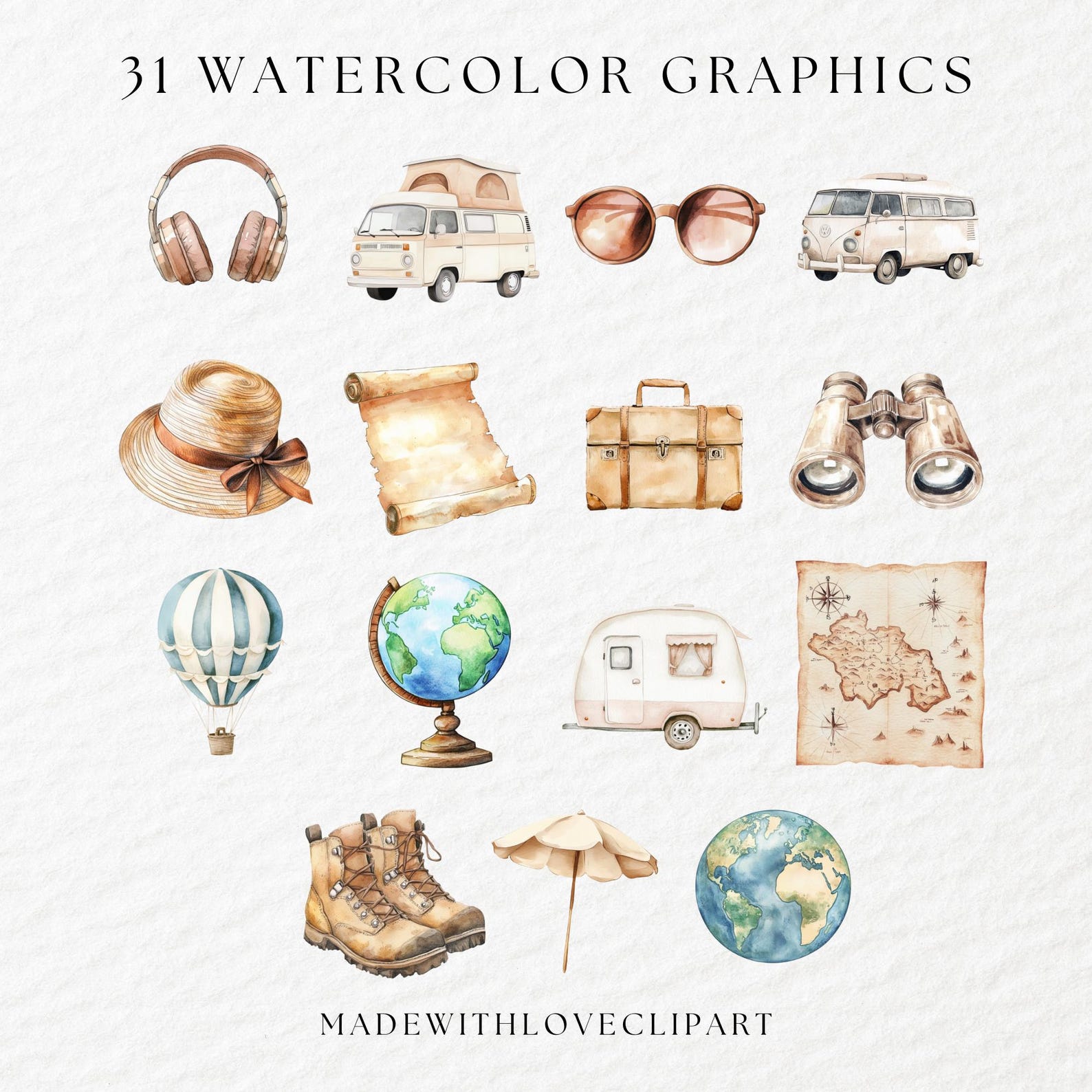 Watercolor Vintage Travel Clipart, Holiday Clipart, Summer Clipart ...