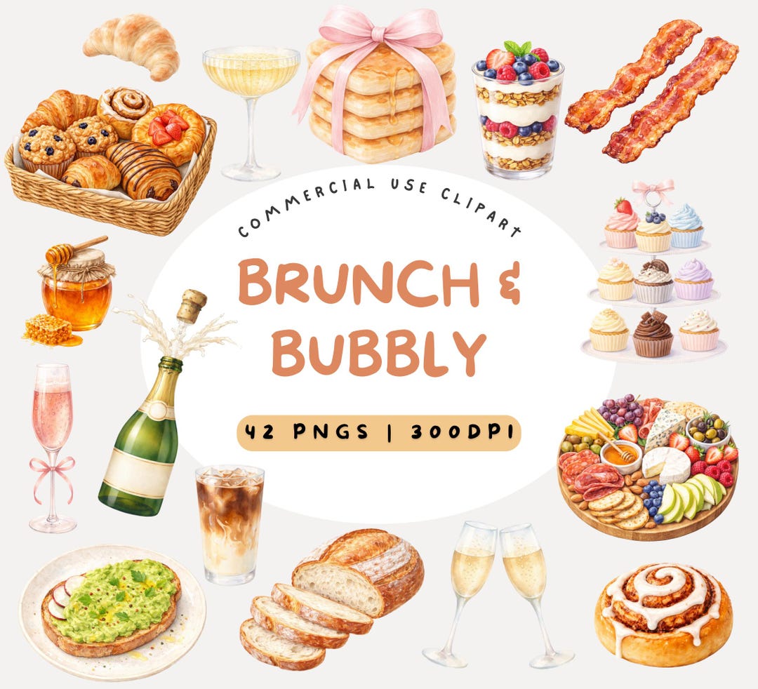 Brunch and Bubbly Clipart: Watercolor Food & Drink PNG, Bridal Shower ...