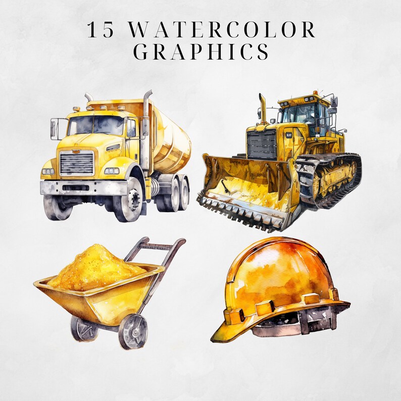 Watercolor Construction Trucks Clipart Bundle, Construction Clipart ...
