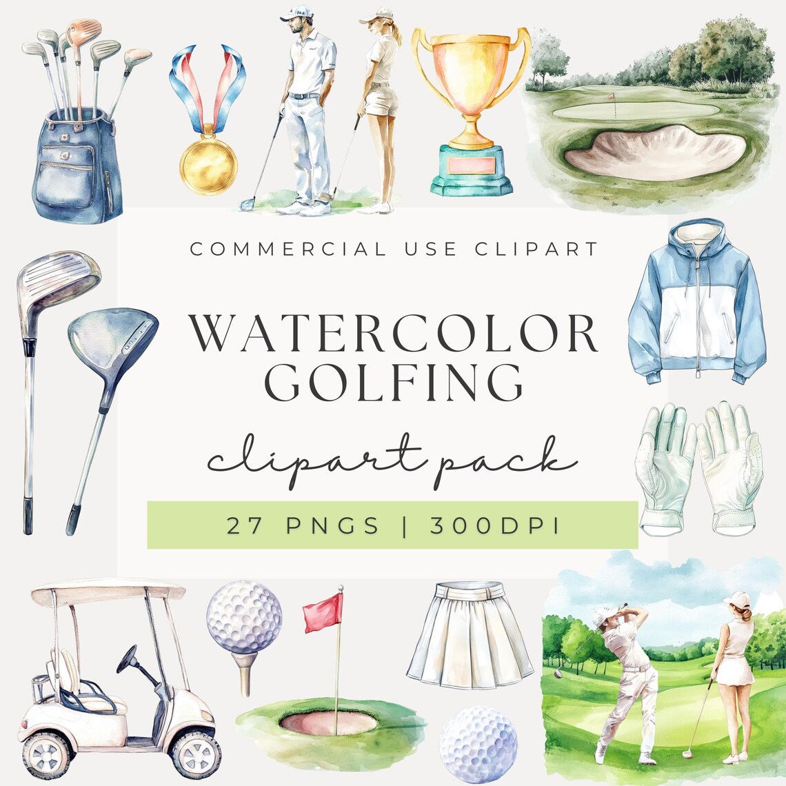Watercolor Golf Clipart, Golf Course Clipart, Sports Clipart, Golf Cart ...