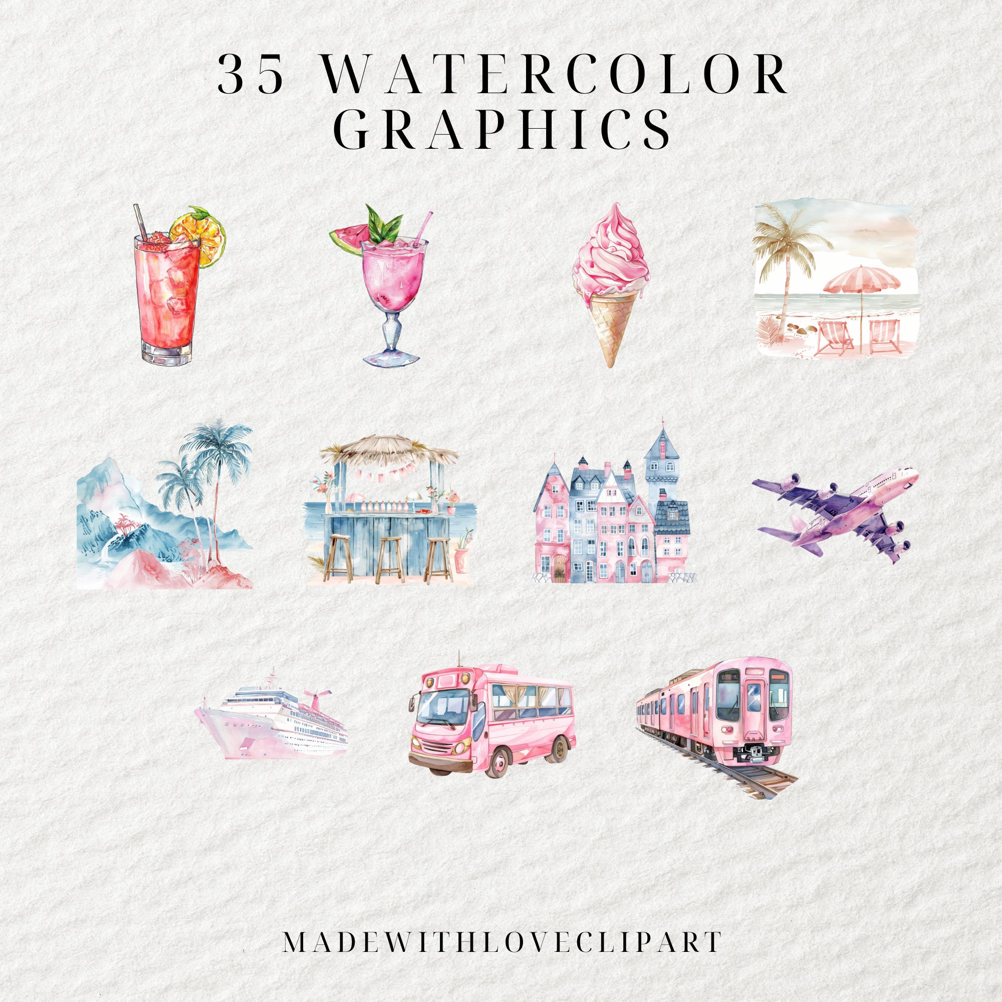 Watercolor Summer Travel Clipart, Holiday Clipart, Travel Clipart ...