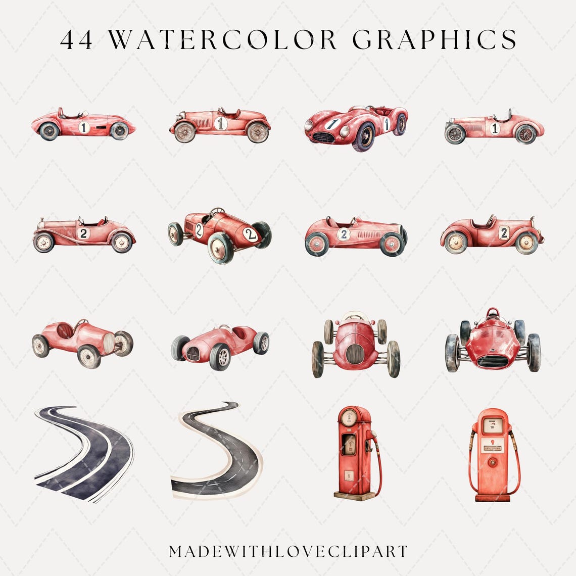 Watercolor Little Racer Clipart, Red Race Car Clipart, Vintage Racing ...