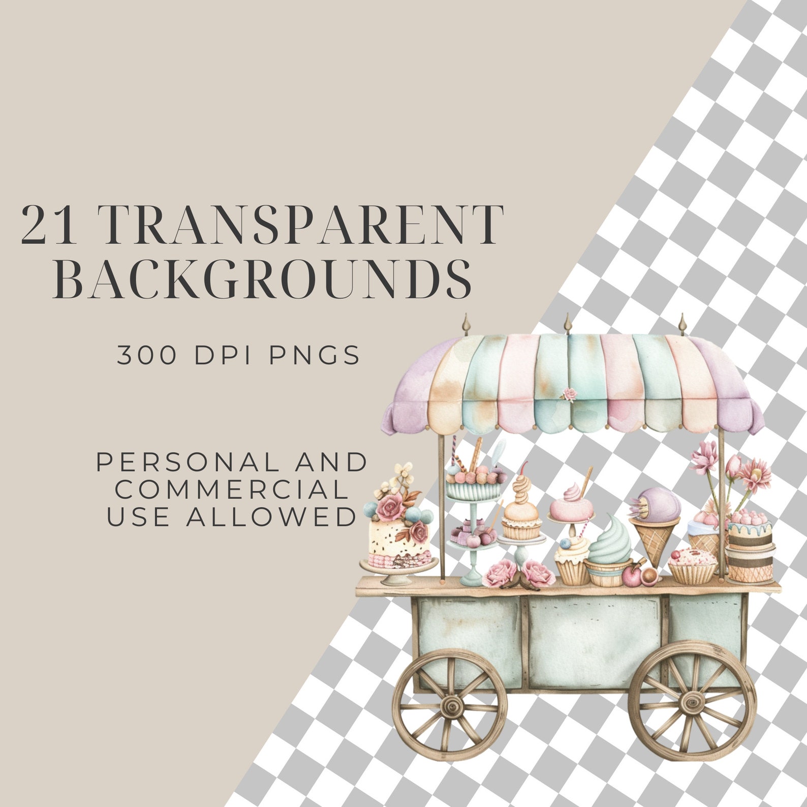 Watercolor Ice Cream Cart Clipart Bundle, Desserts Clipart, Ice Cream ...
