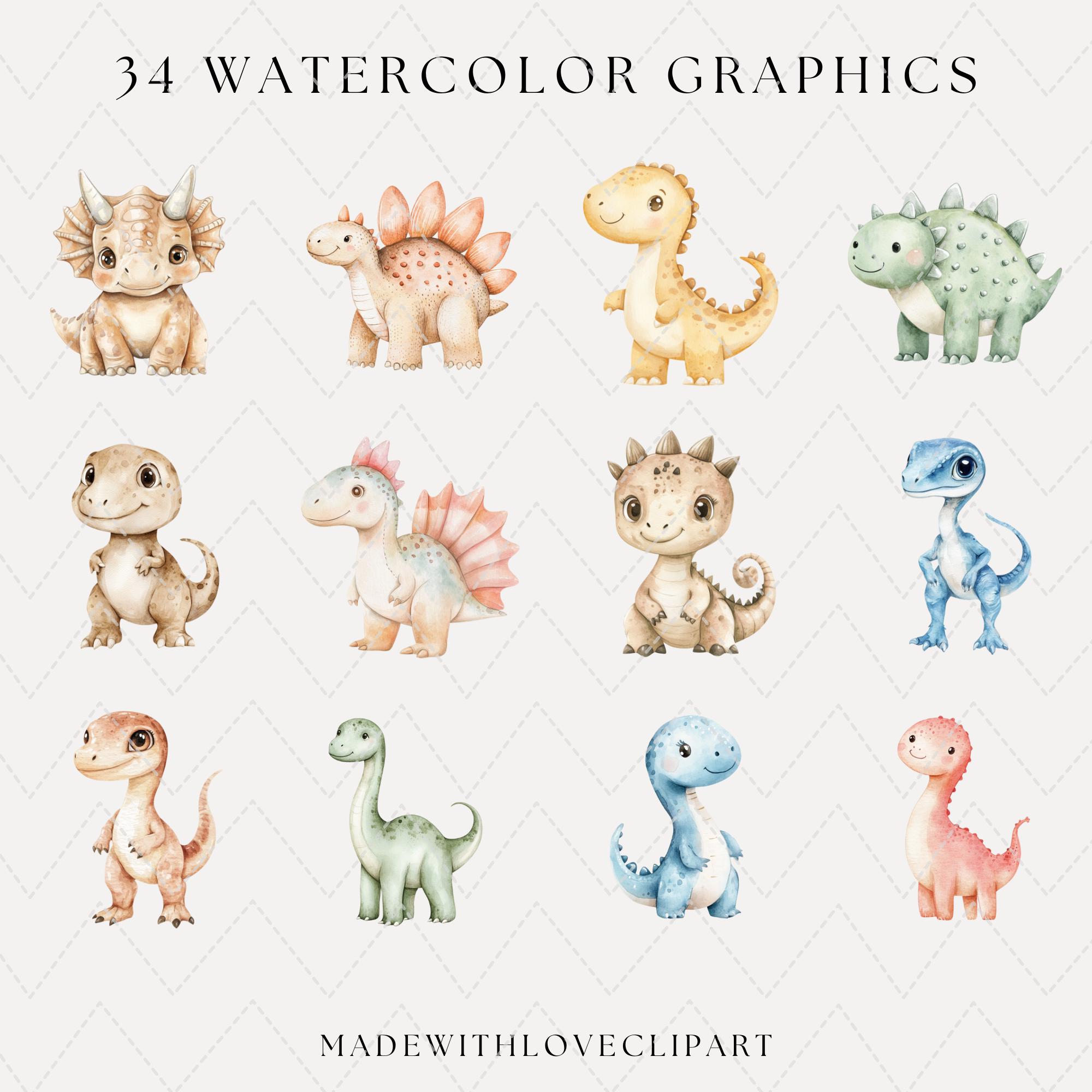 Watercolor Dinosaur Clipart, Cute Dino Clipart, Nursery Decor, Baby ...