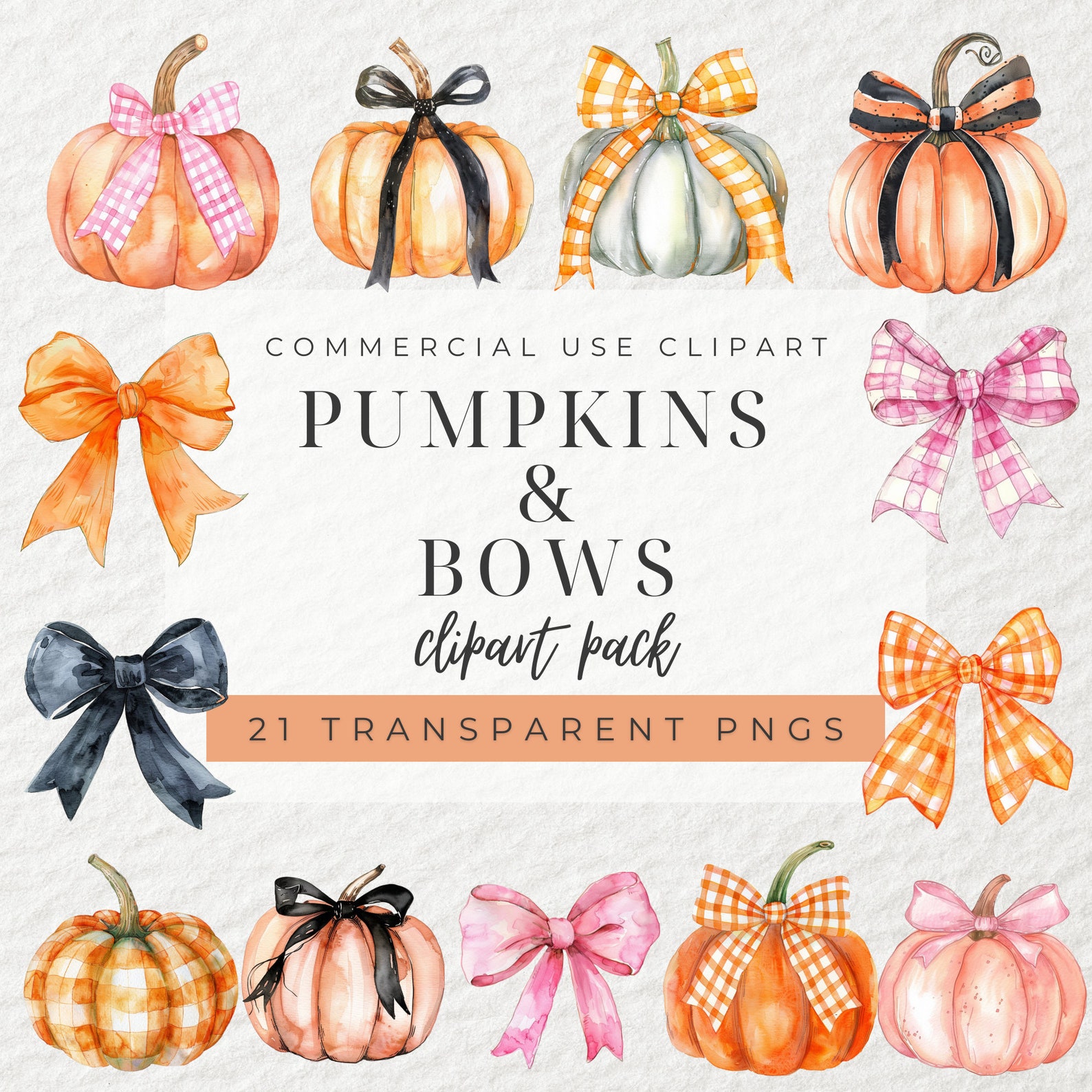 Watercolor Pumpkin Bows Clipart, Pumpkin Coquette Bow, Gingham Pumpkin ...