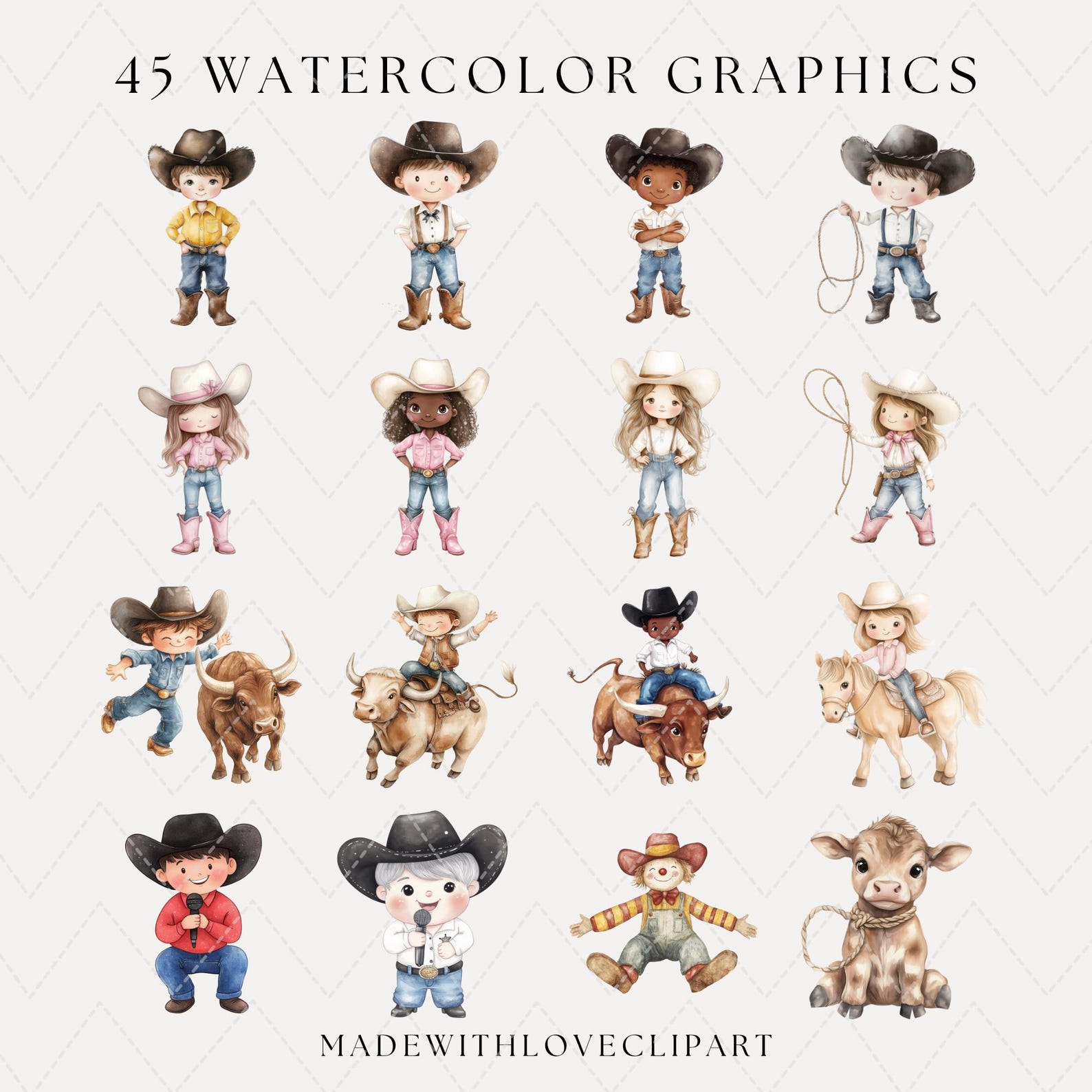 Watercolor Rodeo Clipart, Little Cowboy Clipart Bundle, Cute Cowboy ...