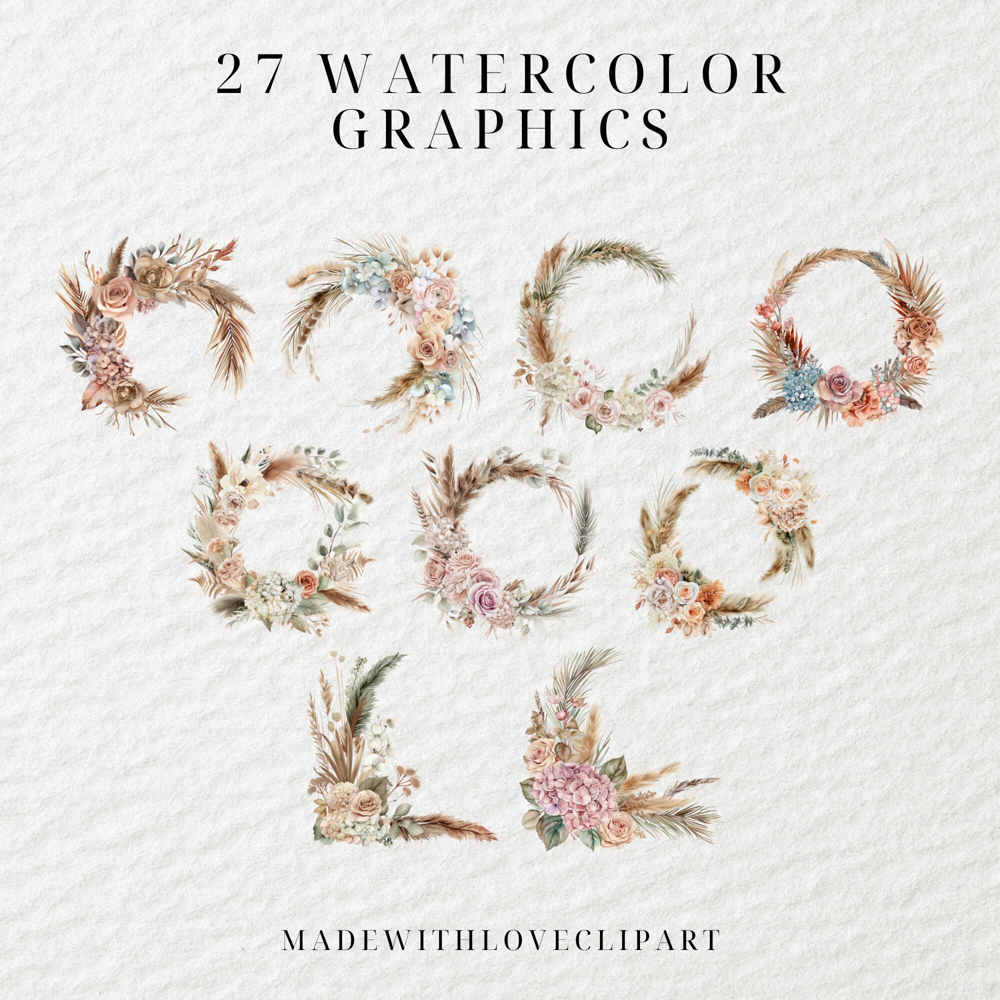 Watercolor Boho Flowers Clipart Bundle, Boho Floral Clipart, Bohemian ...