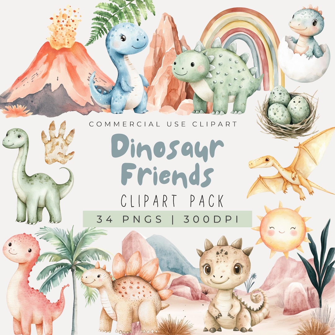 Watercolor Dinosaur Clipart, Cute Dino Clipart, Nursery Decor, Baby ...